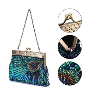 UBORSE Beaded Sequin Peacock Blue Evening Clutch Bags Party Wedding Purse