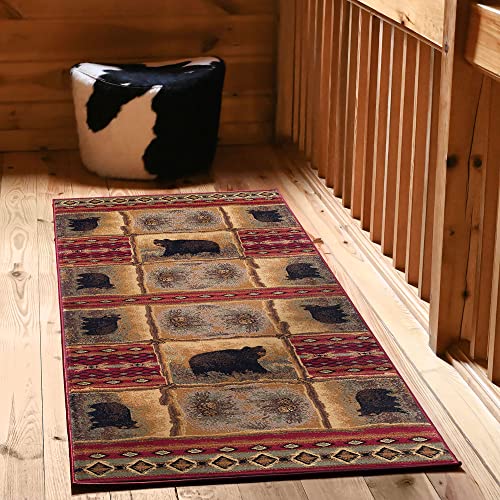 Sierra Bear Novelty Lodge Pattern Red Runner Rug, 2.7' x 7'