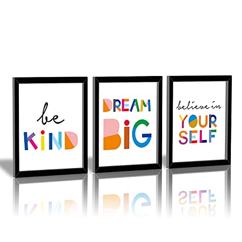 HPNIUB Framed Watercolor Words Inspirational Quote Art Print Set of 3 (8”X10”)-Ready to Hang-Motivational Typography Canvas Painting，Believe in Yourself- Dream Big- Be Kind Print for Classroom Decor