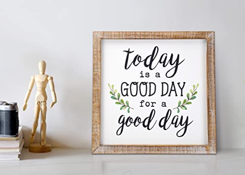 SANY DAYO HOME Today is A Good Day to Have A Good Day Inspirational Sayings Wall Decor Signs 12 x 12 inch Rustic Wood Framed Modern Farmhouse Wall Hanging Art (with Leaves)