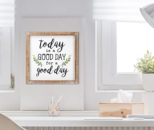 SANY DAYO HOME Today is A Good Day to Have A Good Day Inspirational Sayings Wall Decor Signs 12 x 12 inch Rustic Wood Framed Modern Farmhouse Wall Hanging Art (with Leaves)