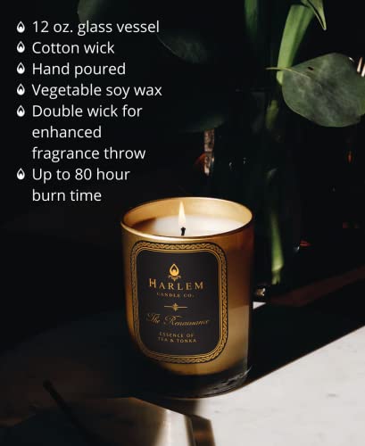 Harlem Candle Company Renaissance Luxury Scented Candle in Gold 12 oz Glass Jar, Single Wick, Handpoured Soy Wax, Gift Box, Scents of Yuzu, Cardamom, Tonka Bean, Heliotrope and Orchid Blossoms