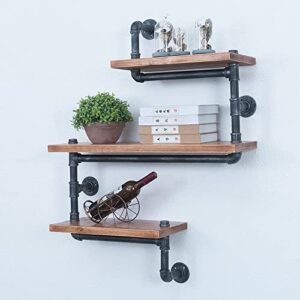 OLDRAINBOW Industrial Pipe Shelving Wall Mounted,Wall Shelf Unit Bookshelf Hanging Wall Shelves,Rustic Metal Floating Shelves,Steampunk Real Wood Book Shelves,Farmhouse Kitchen Bar Shelving(3 Tier)