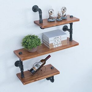 OLDRAINBOW Industrial Pipe Shelving Wall Mounted,Wall Shelf Unit Bookshelf Hanging Wall Shelves,Rustic Metal Floating Shelves,Steampunk Real Wood Book Shelves,Farmhouse Kitchen Bar Shelving(3 Tier)