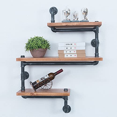 OLDRAINBOW Industrial Pipe Shelving Wall Mounted,Wall Shelf Unit Bookshelf Hanging Wall Shelves,Rustic Metal Floating Shelves,Steampunk Real Wood Book Shelves,Farmhouse Kitchen Bar Shelving(3 Tier)