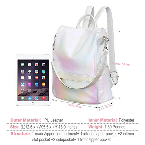 TENDYCOCO Backpack Purse Holographic Women Travel Daypacks Multi- pocket Shoulder Bag PU Leather for Ladies