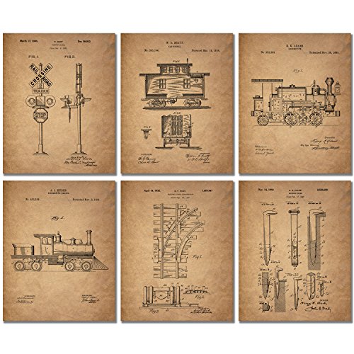 Railroad Train Patent Prints - Set of 6 (8 inches x 10 inches) Photos Locomotive Railway