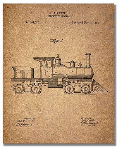 Railroad Train Patent Prints - Set of 6 (8 inches x 10 inches) Photos Locomotive Railway