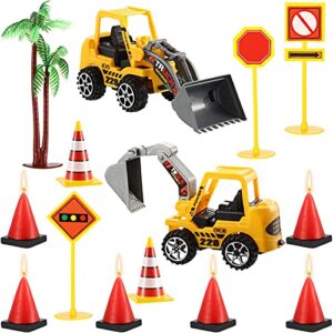 construction party decoration 6-count cone-shaped molded candles, 2 pieces construction truck decors, 1 piece palm tree with coconut and 5 pieces barricade set for birthday cake toppers