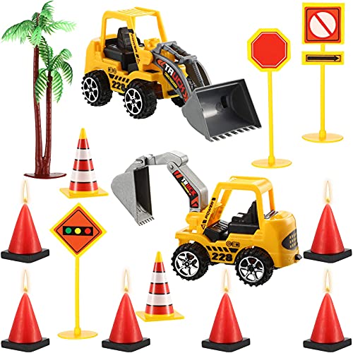 Construction Party Decoration 6-Count Cone-Shaped Molded Candles, 2 Pieces Construction Truck Decors, 1 Piece Palm Tree with Coconut and 5 Pieces Barricade Set for Birthday Cake Toppers