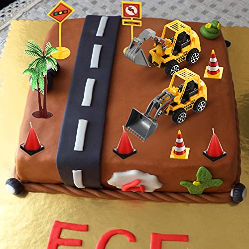 Construction Party Decoration 6-Count Cone-Shaped Molded Candles, 2 Pieces Construction Truck Decors, 1 Piece Palm Tree with Coconut and 5 Pieces Barricade Set for Birthday Cake Toppers