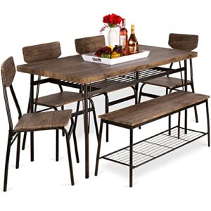 best choice products 6-piece 55in modern dining set for home, kitchen, dining room w/storage racks, rectangular table, bench, 4 chairs, steel frame – brown