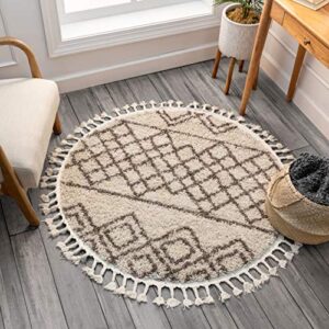 well woven layla shag ivory moroccan trellis area rug 4′ round (3’11”)