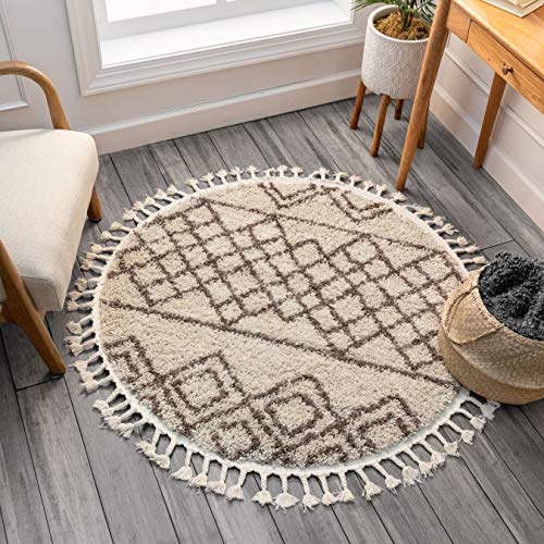 Well Woven Layla Shag Ivory Moroccan Trellis Area Rug 4' Round (3'11")