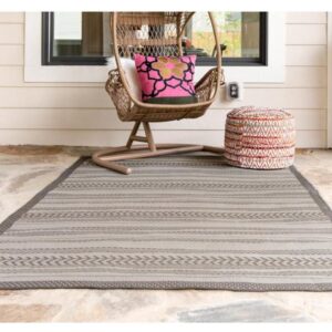 Unique Loom Outdoor Border Collection Transitional Indoor & Outdoor Casual Striped Tonal Moroccan Area Rug, 2 ft 2 in x 3 ft, Gray/Dark Gray