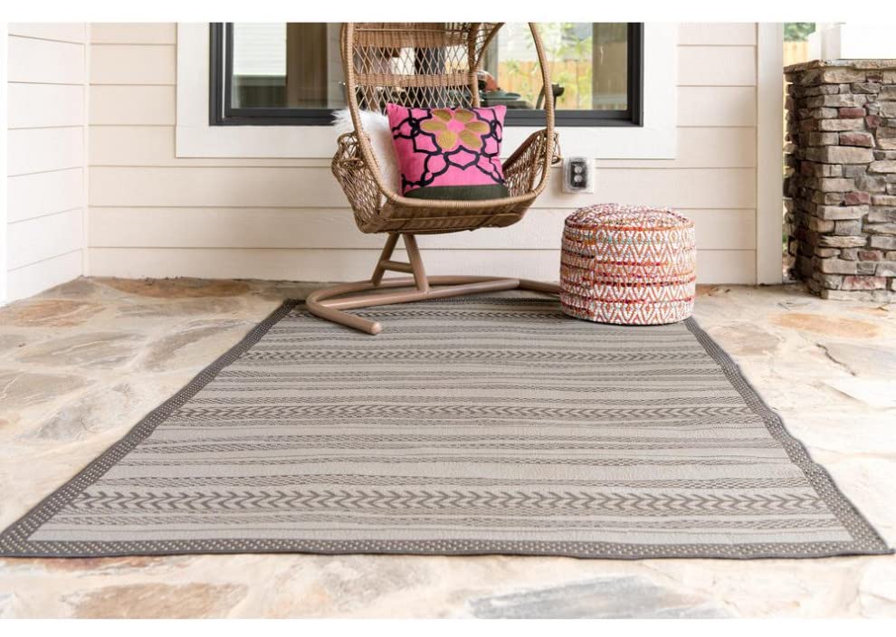 Unique Loom Outdoor Border Collection Transitional Indoor & Outdoor Casual Striped Tonal Moroccan Area Rug, 2 ft 2 in x 3 ft, Gray/Dark Gray