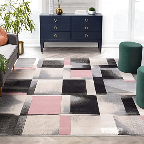 Well Woven Good Vibes Louisa Blush Pink Modern Geometric Boxes 5'3" x 7'3" 3D Texture Area Rug, 5 ft 3 in x 7 ft 3