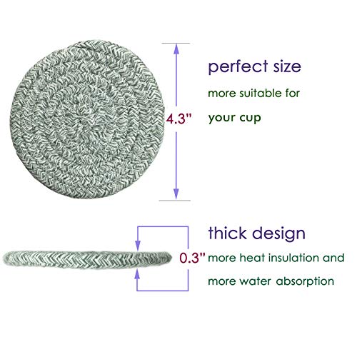 YYGMSS Coasters for Drinks Handmade Braided Drink Coasters Woven Coasters Super Water Absorbent Heat Insulation Sets of 6 4.3inches Round (Dark Grey+Light Grey+Green)