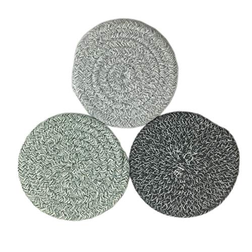 YYGMSS Coasters for Drinks Handmade Braided Drink Coasters Woven Coasters Super Water Absorbent Heat Insulation Sets of 6 4.3inches Round (Dark Grey+Light Grey+Green)