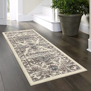 maples rugs distressed tapestry vintage non slip runner rug for hallway entry way floor carpet [made in usa], 2 x 6, neutral