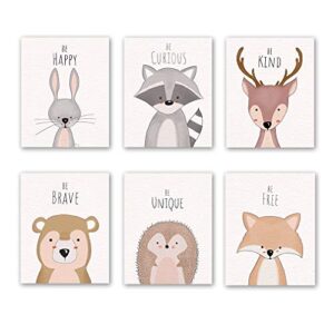 6 set- woodland animal art print, safari rabbit reindeer fox bear with inspirational quote canvas wall print for kids bedroom classroom (unframed, 8″x10″)