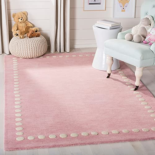 SAFAVIEH Kids Collection 5' x 8' Pink SFK802U Handmade Polka Dot Border Wool Area Rug