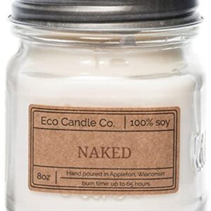 Eco Candle Co. Mason Jar Candle, Naked, 8 oz. - Unscented - 100% Soy Wax, No Lead, Kraft Label & Antiqued Pewter Lid, Hand Poured, Phthalate Free, Made from Midwest Grown Soybeans, All Natural Wicks