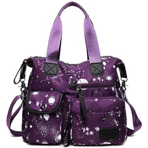 women tote bag with multiple pockets & zipper,nurse bags for work nursing bag,nylon tote handbag for women,large shoulder handbag purse,waterproof galaxy cross body bag for travel,school (purple)