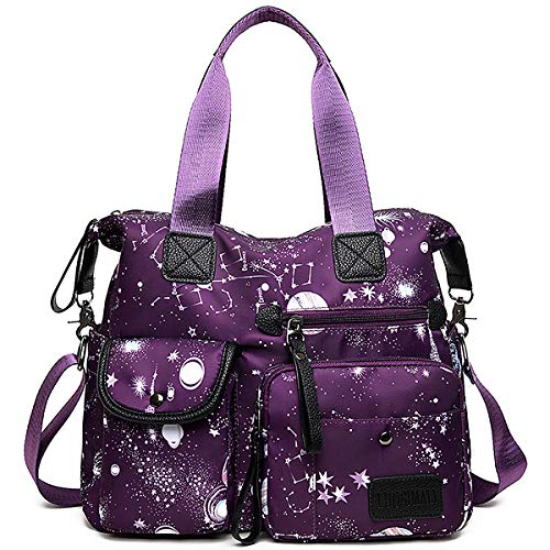 Women Tote Bag with Multiple Pockets & Zipper,Nurse Bags for Work Nursing Bag,Nylon Tote Handbag for Women,Large Shoulder Handbag Purse,Waterproof Galaxy Cross body Bag for Travel,School (Purple)