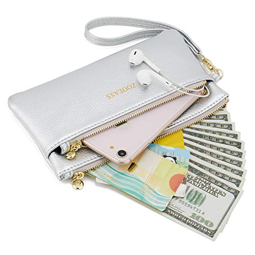 ZOOEASS Women Vegan Leather Wristlets Bag, Clutch Organizer Wallets Purses for iPhone (Silver)