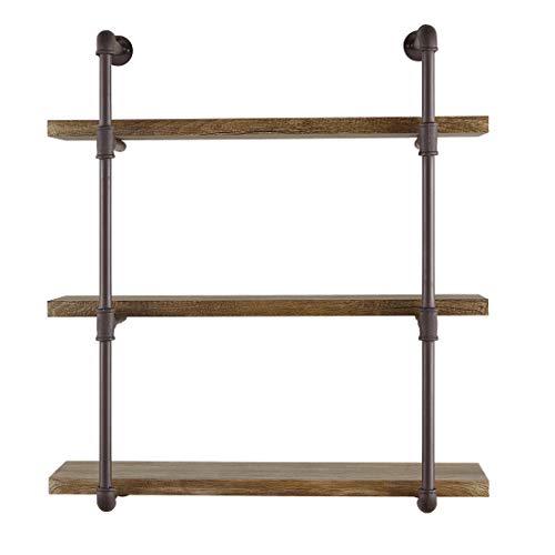 Decorative Floating 3-Tier Wall Mounted Hanging Pipe Shelves - Rustic, Urban and Industrial Décor,Wall Mounted Shelf - Perfect for Living Room,Dining Room,Kitchen,Bedroom,Nursery or Office, Brown