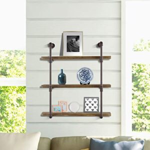 Decorative Floating 3-Tier Wall Mounted Hanging Pipe Shelves - Rustic, Urban and Industrial Décor,Wall Mounted Shelf - Perfect for Living Room,Dining Room,Kitchen,Bedroom,Nursery or Office, Brown