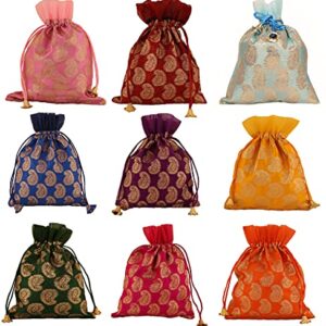 Touchstone Drawstring Bags Traditional Indian Handcrafted in Paisley Pattern Brocade fabric. Perfect for Gifts Jewelry Weddings Sweet Distribution Set of 9 Vibrant Multicolor Pouches Purses Potli.