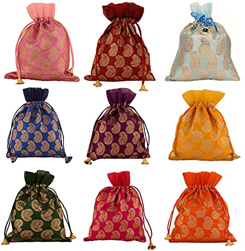 Touchstone Drawstring Bags Traditional Indian Handcrafted in Paisley Pattern Brocade fabric. Perfect for Gifts Jewelry Weddings Sweet Distribution Set of 9 Vibrant Multicolor Pouches Purses Potli.