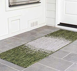 Unique Loom Modern Collection Gradient, Distressed, Vintage, Abstract, Indoor and Outdoor Area Rug, 2 ft x 6 ft, Green/Beige