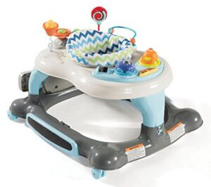 storkcraft 3-in-1 activity walker and rocker with jumping board and feeding tray, interactive walker with toy tray and jumping board for toddlers and infants, blue/gray