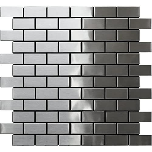 HomeyMosaic Stainless Steel Backsplash Peel and Stick Subway Metal Silver Tiles Stick on Kitchen Bathroom Countertop Fireplace,5 Sheets