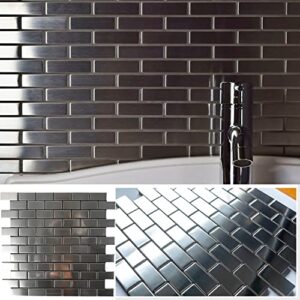 HomeyMosaic Stainless Steel Backsplash Peel and Stick Subway Metal Silver Tiles Stick on Kitchen Bathroom Countertop Fireplace,5 Sheets