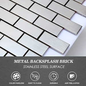 HomeyMosaic Stainless Steel Backsplash Peel and Stick Subway Metal Silver Tiles Stick on Kitchen Bathroom Countertop Fireplace,5 Sheets