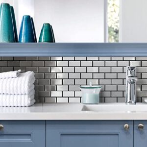 HomeyMosaic Stainless Steel Backsplash Peel and Stick Subway Metal Silver Tiles Stick on Kitchen Bathroom Countertop Fireplace,5 Sheets