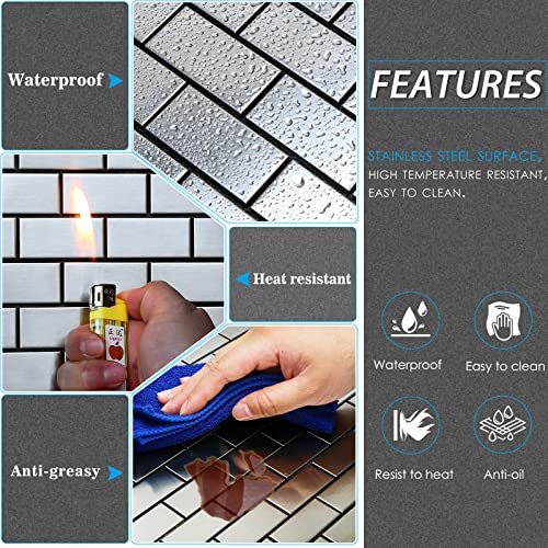 HomeyMosaic Stainless Steel Backsplash Peel and Stick Subway Metal Silver Tiles Stick on Kitchen Bathroom Countertop Fireplace,5 Sheets