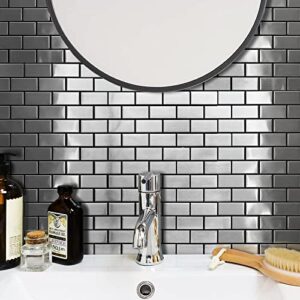 HomeyMosaic Stainless Steel Backsplash Peel and Stick Subway Metal Silver Tiles Stick on Kitchen Bathroom Countertop Fireplace,5 Sheets