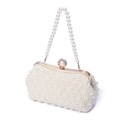 TOIHSUAN Women's Pearl Beaded Cream Evening Cluthes Bags for Wedding-with shoulder strap, 22cm*8cm*12cm