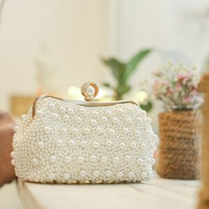 TOIHSUAN Women's Pearl Beaded Cream Evening Cluthes Bags for Wedding-with shoulder strap, 22cm*8cm*12cm