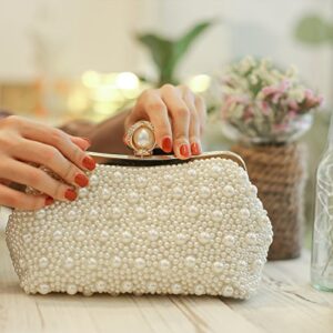 TOIHSUAN Women's Pearl Beaded Cream Evening Cluthes Bags for Wedding-with shoulder strap, 22cm*8cm*12cm