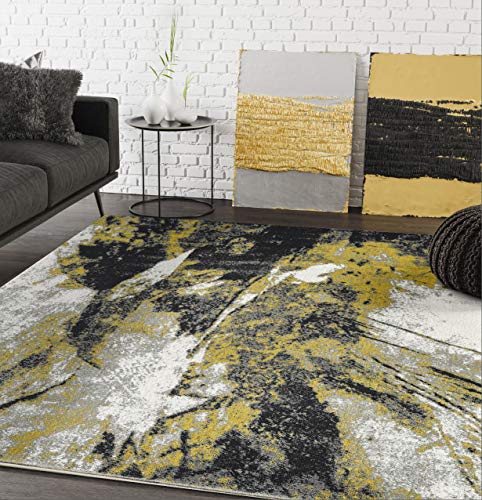 Abani Contemporary Abstract Turkish Area Rug, Laguna Collection Grey & Yellow Modern 4' x 6' Rectangle Accent Rugs