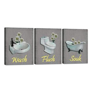 zlove 3 pieces bathroom canvas wall art wash flush soak bath tub toilet sink with daisy flower picture print decoration stretched and framed ready to hang 12x16inchx3pcs