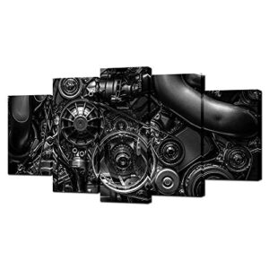 vvovv wall decor – 5 piece canvas prints engine engineering closeup gear and chain black and white photos wall art modern home decor stretched and framed ready to hang(60inchx32inch)