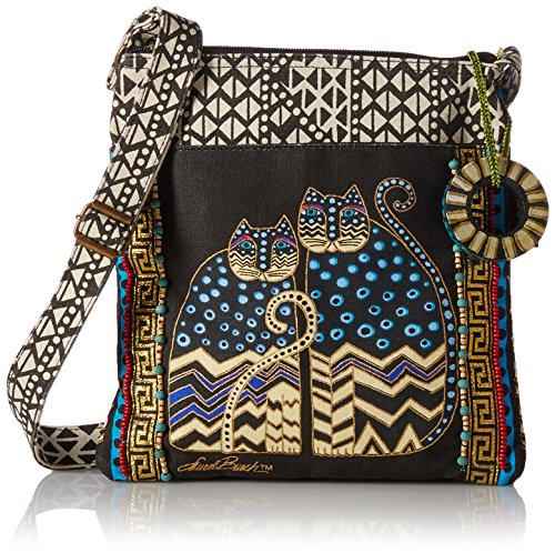 Laurel Burch LB4315 Crossbody Tote with Zipper Top, Spotted Cats Black