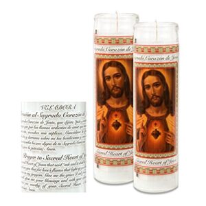 catholic prayer candles – set of 2 religious candles – real wax (white poured, unscented) candles – extra long burn time – prayer printed on each candle – church vigil devotional [bundle, 2 pcs.] (jesus & the sacred heart)